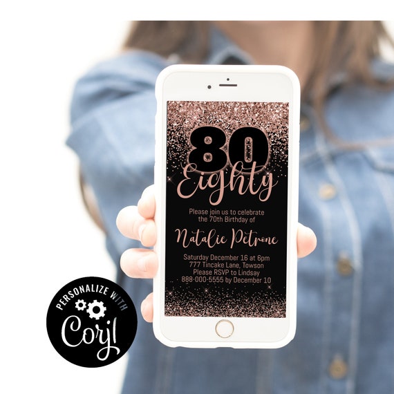 digital 80th birthday text invitation, black and rose gold 80th ...