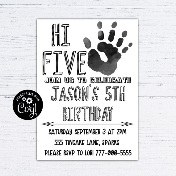 hi five birthday invitation, high five birthday invite template, black ...