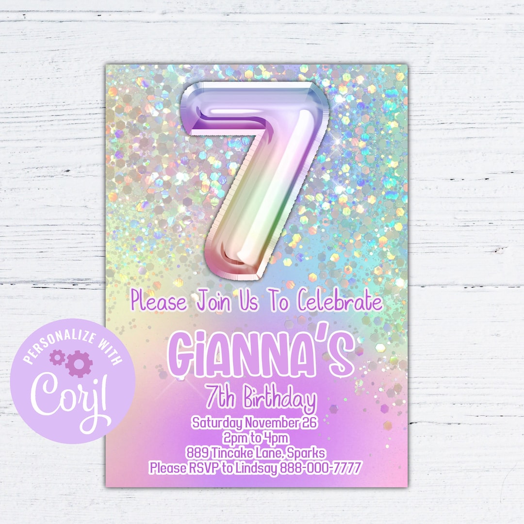 7th Birthday Invitation Girl, 7th Birthday Invite for Girl, Pastel ...