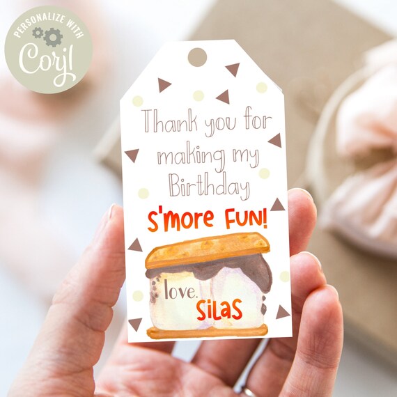 s'more birthday party favor tags, s'mores birthday thank you tag ...