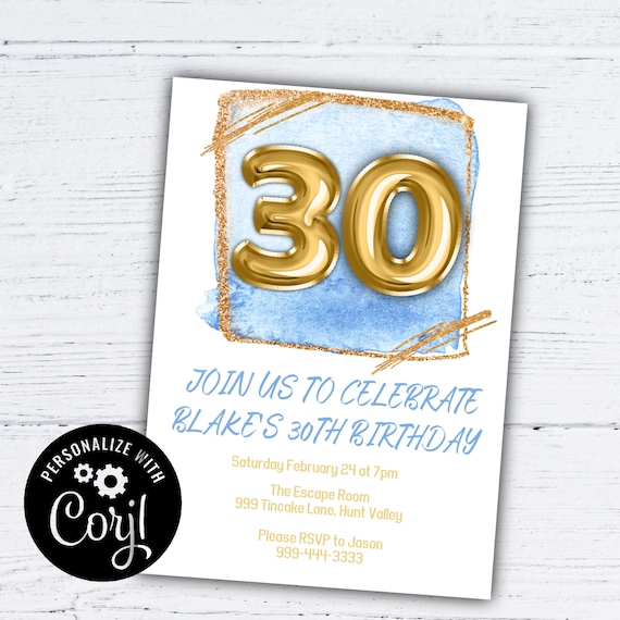 30th birthday invitation, blue and gold 30th birthday invite, printable ...