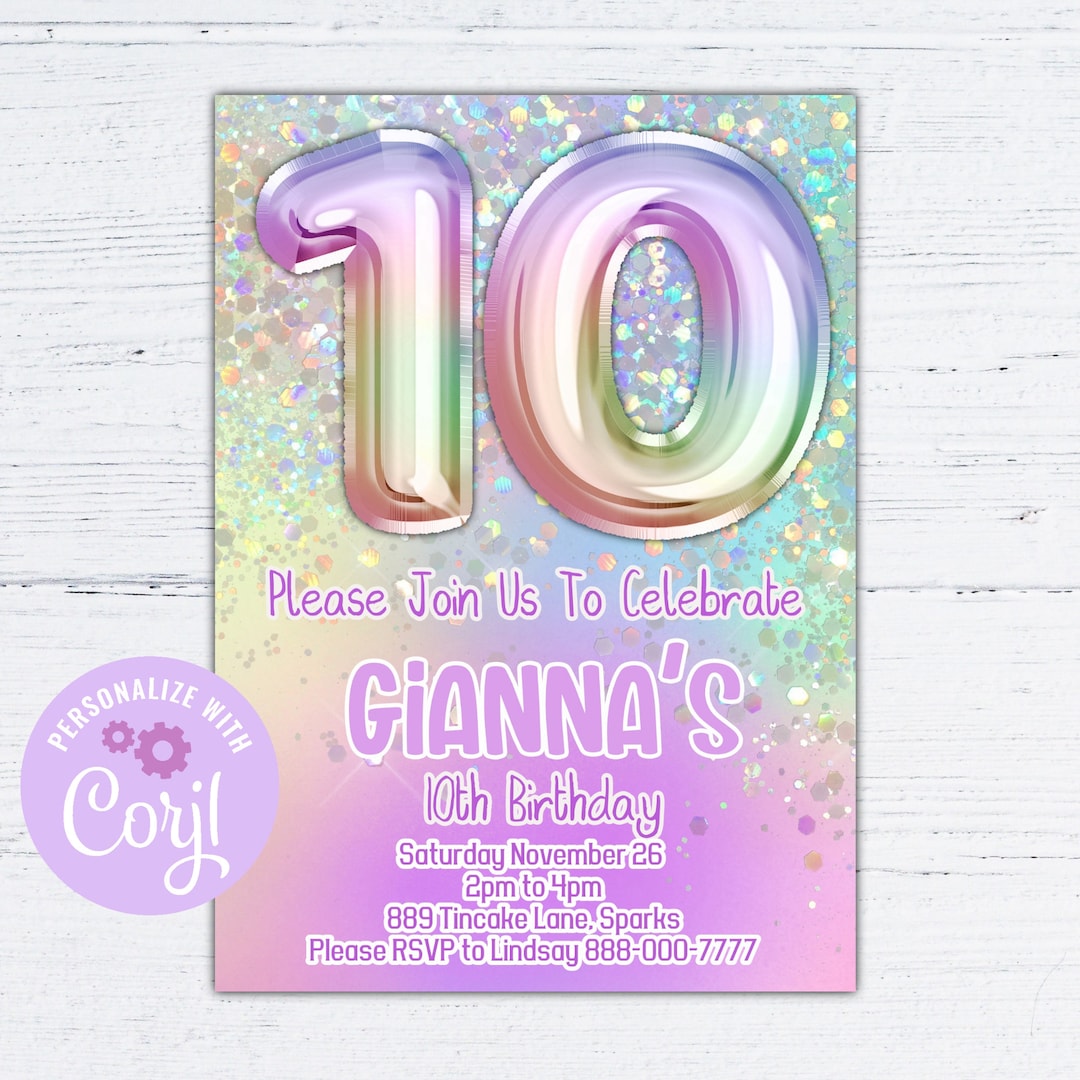 10th Birthday Invitation Girl, 10th Invite for Girl, Pastel Rainbow ...