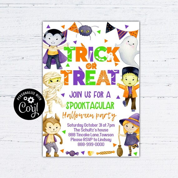 Trick or Treat Halloween party invitation, editable costume party ...