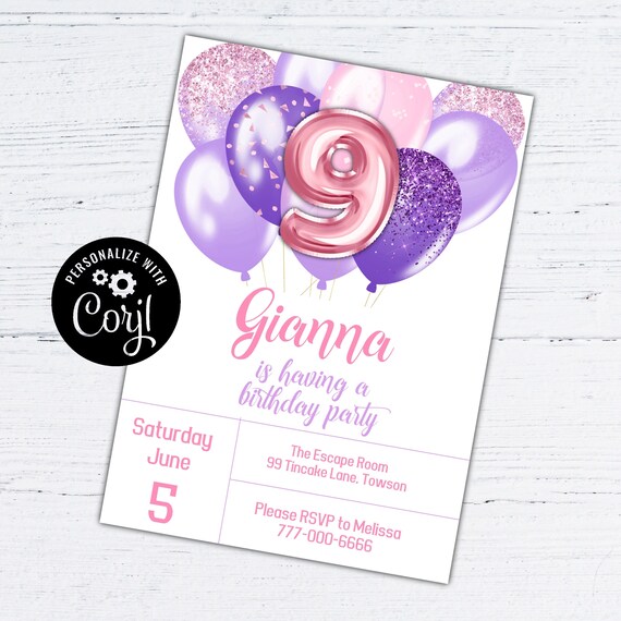 editable 9th birthday invitation girl, 9th birthday invite for girl ...