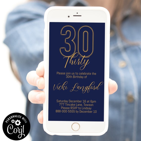 digital 30th birthday text invitation, navy and gold 30th birthday ...