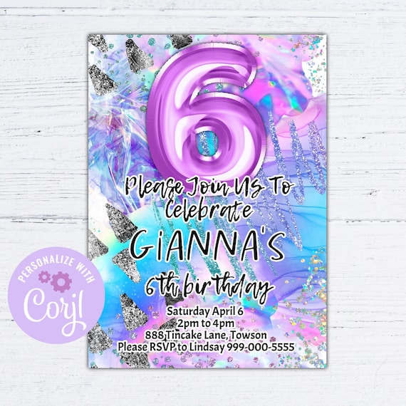 6th birthday invitation girl, 6th birthday invite for girl, purple and ...