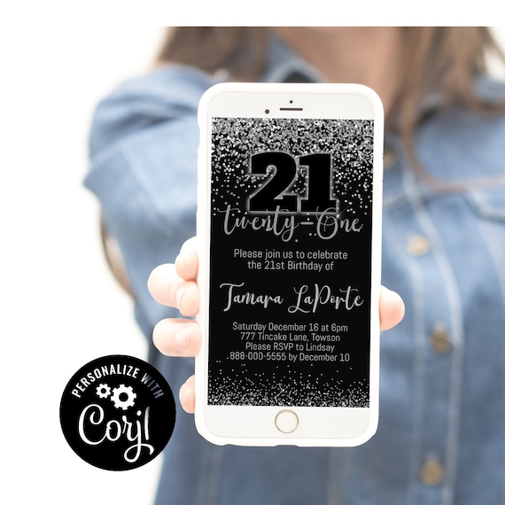 digital 21st birthday text invitation, black and silver 21st birthday ...