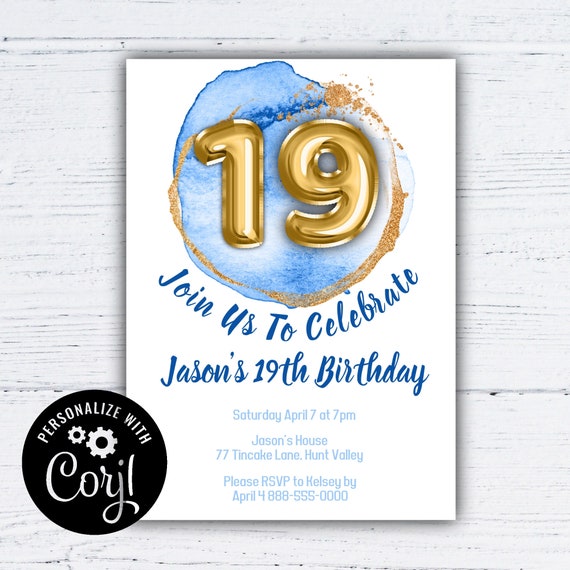19th birthday invitation, boy 19th birthday invite, blue and gold ...