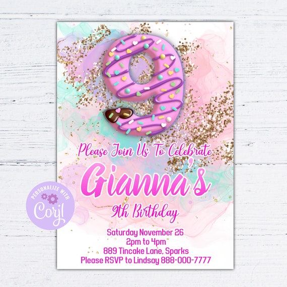 9th birthday invitation girl, 9th birthday invite for girl, editable ...