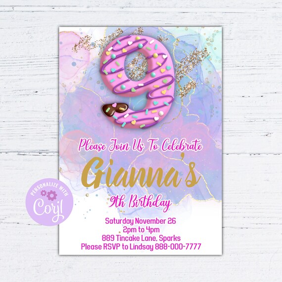 9th birthday invitation girl, 9th birthday invite for girl, editable ...