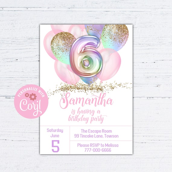 6th birthday invitation girl, 6th invite for girl, purple 6th birthday ...