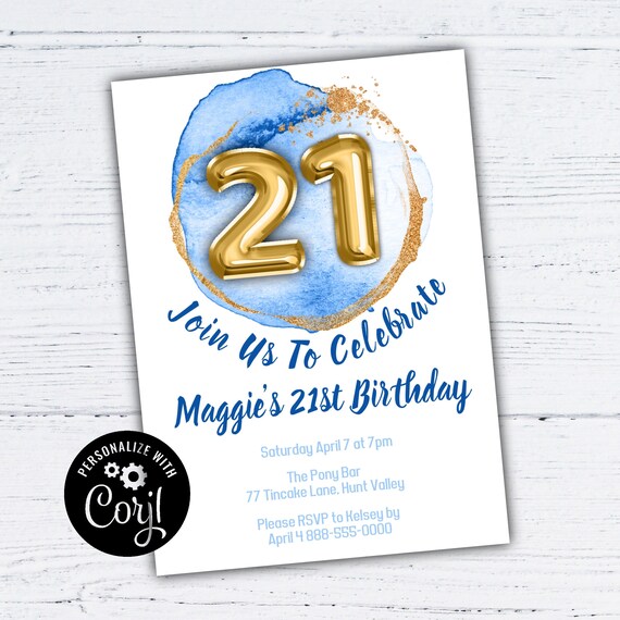 21st birthday invitation, blue and gold 21st birthday invite, printable ...