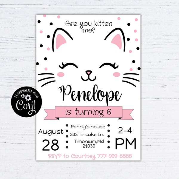 White Cat Birthday Invitation - Etsy