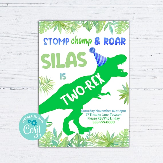 editable two-rex birthday invitation, digital printable dinosaur ...
