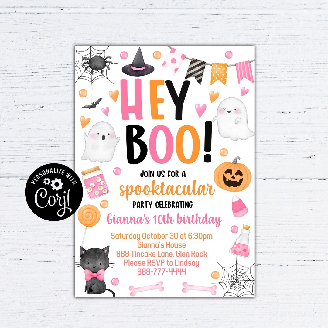 Editable Halloween Birthday Invitation Pink Hey Boo Halloween - Etsy