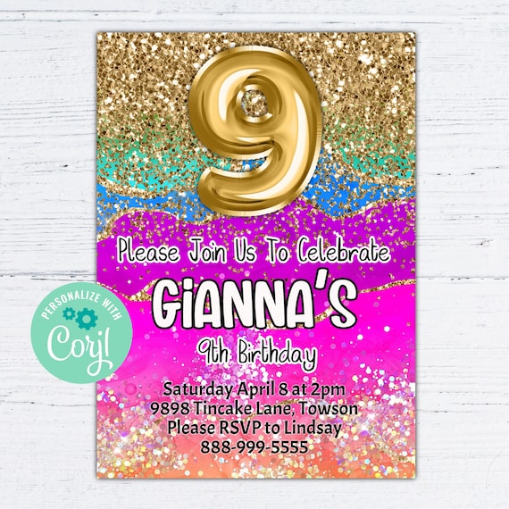 9th birthday invitation girl, 9th birthday invite for a girl, gold ...