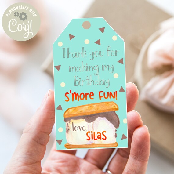 s'more birthday party favor tags, s'mores birthday thank you tag ...