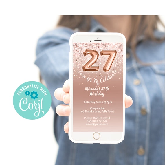 Rose gold 27th birthday invitation, Digital electronic invite, 27th ...