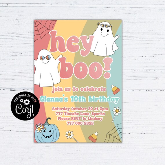 Hey boo invitation, Retro 70s Halloween party invite, Hippie Halloween ...