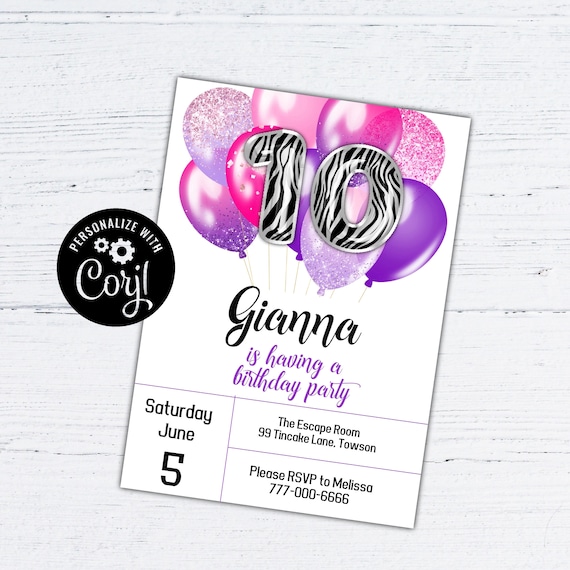 10th birthday invitation girl, 10th birthday invite for girl,zebra ...