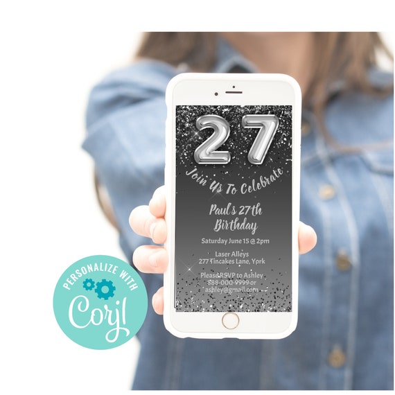 27th birthday electronic invitation, black and silver 27th birthday ...