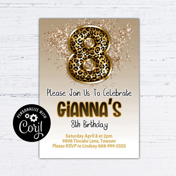 8th birthday invitation girl, 8th birthday invite for girl, leopard ...