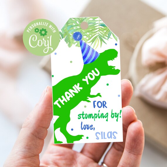 editable dinosaur party favor tag, T-rex birthday thank you tags, boy ...