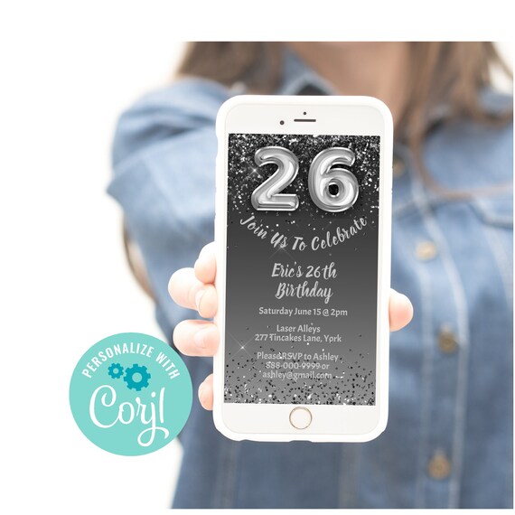 26th birthday electronic invitation, black and silver 26th birthday ...