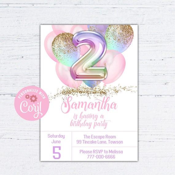 editable 2nd birthday invitation girl, printable 2nd birthday invite ...