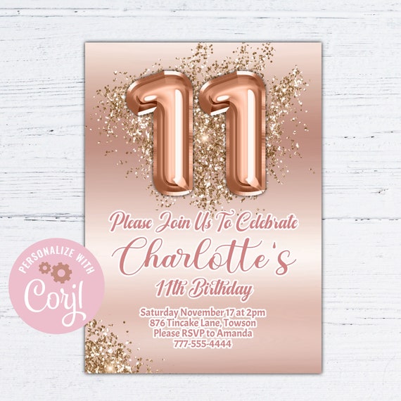 11th birthday invitation girl, rose gold 11th birthday invite for a ...