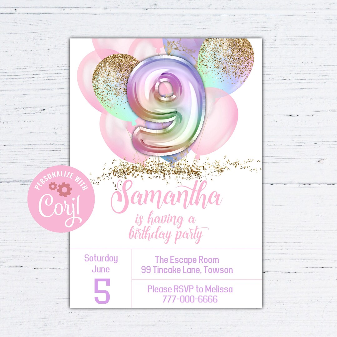 Editable 9th Birthday Invitation Girl, Printable 9th Birthday Invite ...