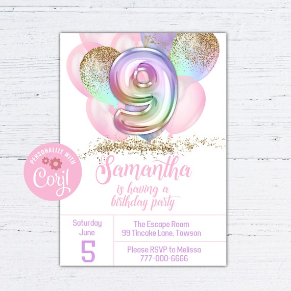 editable 9th birthday invitation girl, printable 9th birthday invite ...