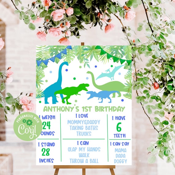 dinosaur 1st birthday milestone poster, boy dinosaur milestone sign ...