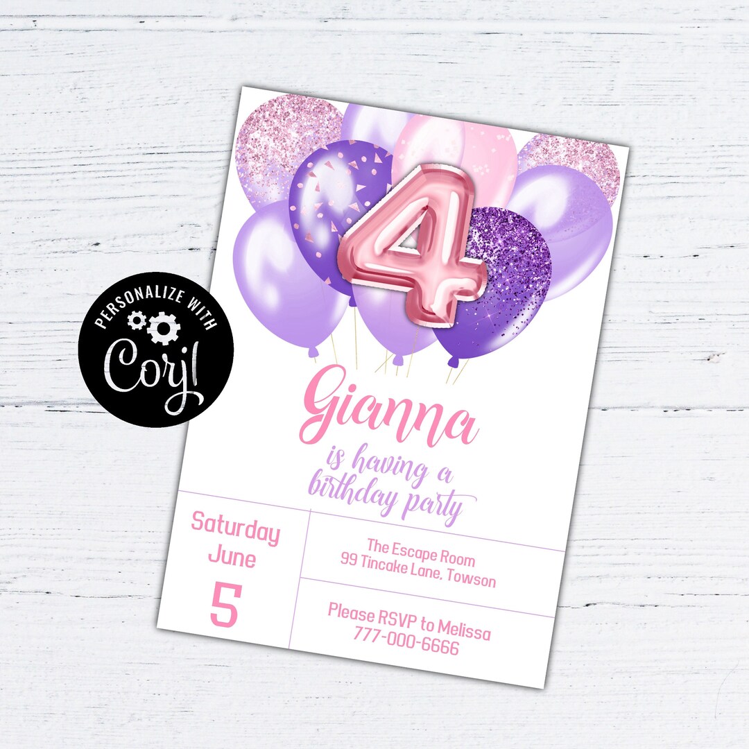 Editable 4th Birthday Invitation Girl, Printable 4th Birthday Invite ...