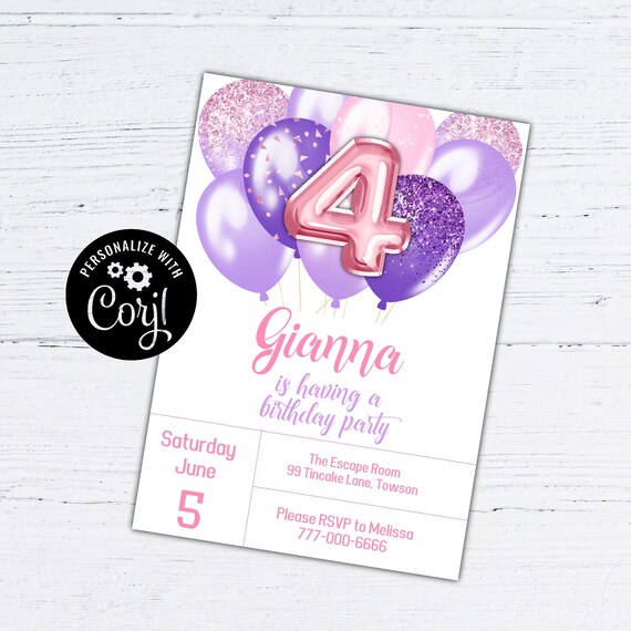Editable 4th Birthday Invitation Girl Printable 4th Birthday Invite 