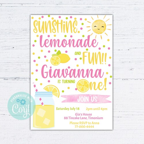 Editable Lemonade First Birthday Invitation Pink Lemon - Etsy
