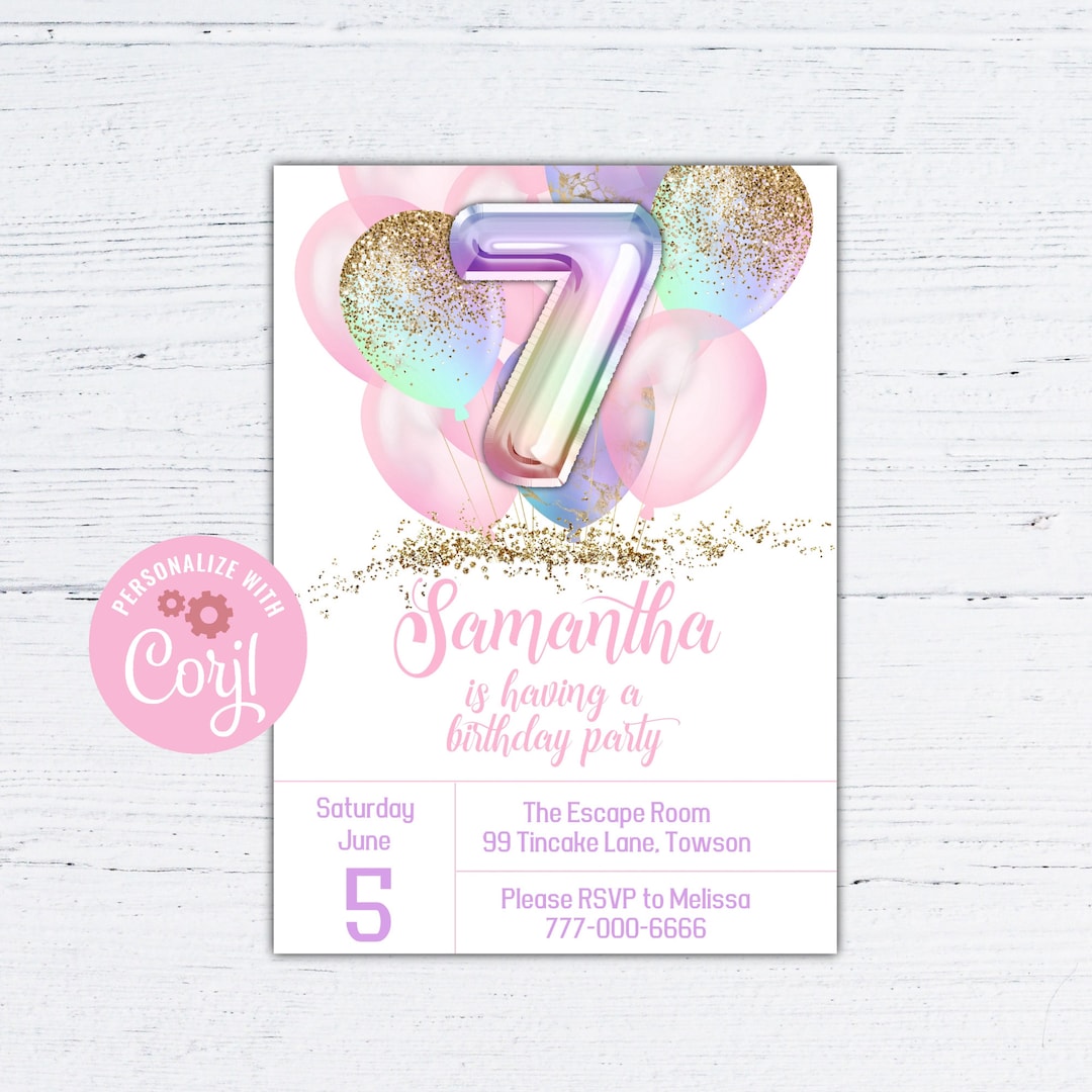 7th Birthday Invitation Girl, 7th Birthday Invite for Girl, Pastel ...