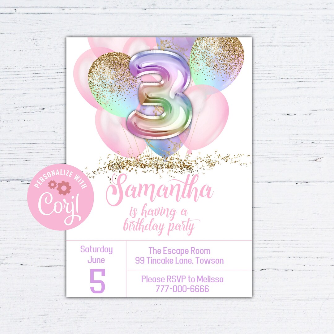 Editable 3rd Birthday Invitation Girl, Printable 3rd Birthday Invite ...