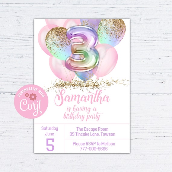 editable 3rd birthday invitation girl, printable 3rd birthday invite ...