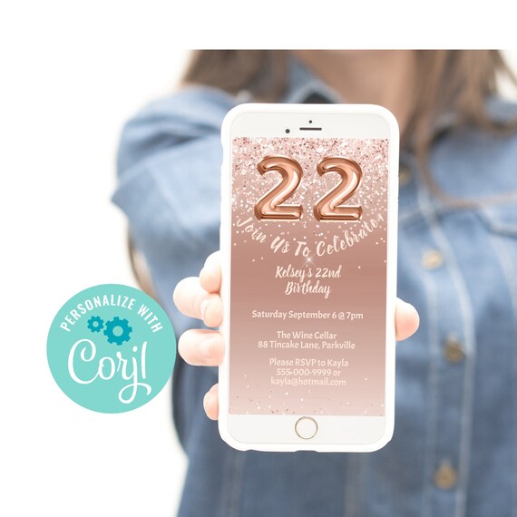 Rose gold 22nd birthday invitation, digital text invitation, editable ...