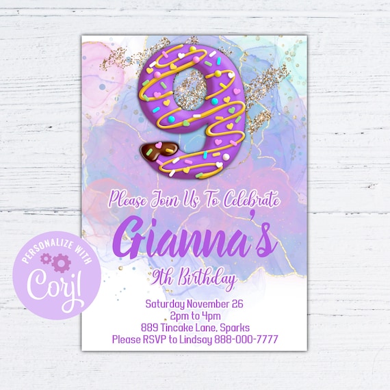 editable 9th birthday invitation girl, 9th birthday invite for girl ...
