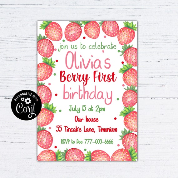 Strawberry 1st birthday invitation, editable strawberry birthay invite ...