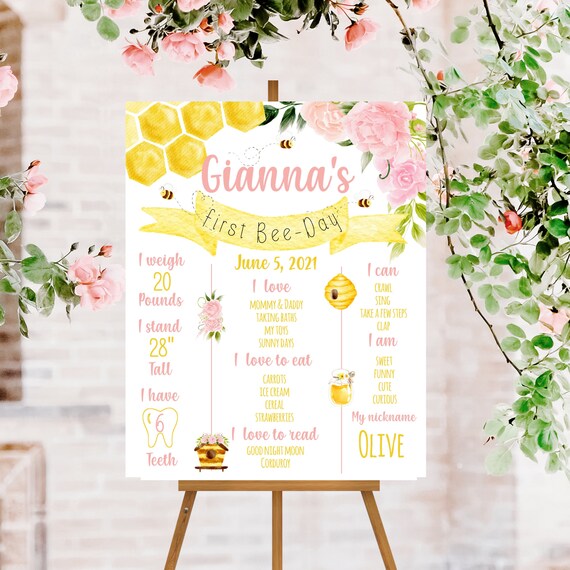 Bee milestone birthday poster, 16"x20" milestone poster, honey bee 1st ...