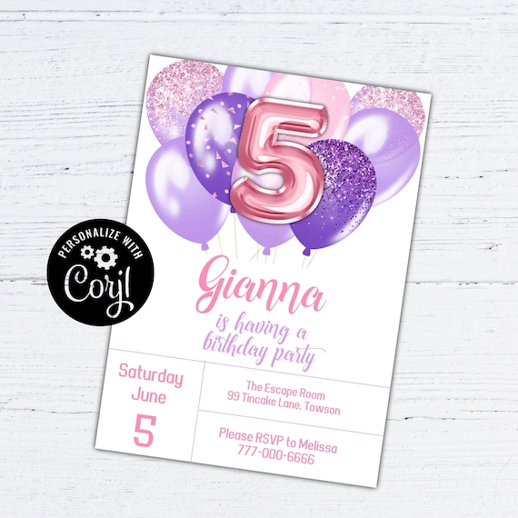 editable 5th birthday invitation girl, printable 5th birthday invite ...