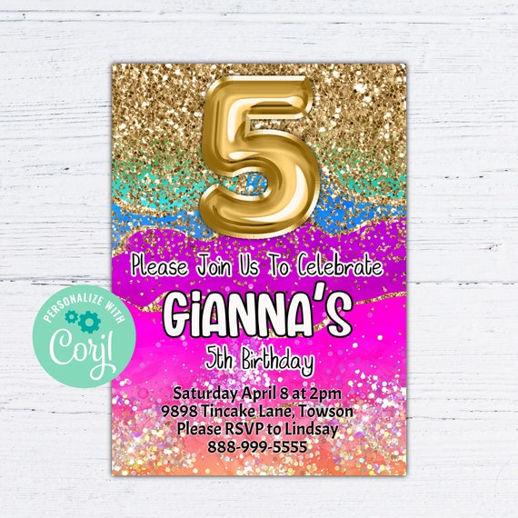 5th birthday invitation girl, 5th birthday invite for a girl, gold ...