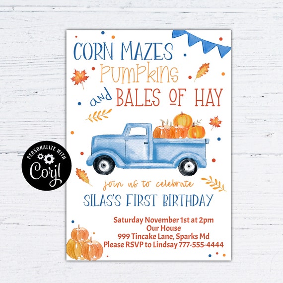 editable pumpkin birthday invitation, boy fall blue truck birthday ...