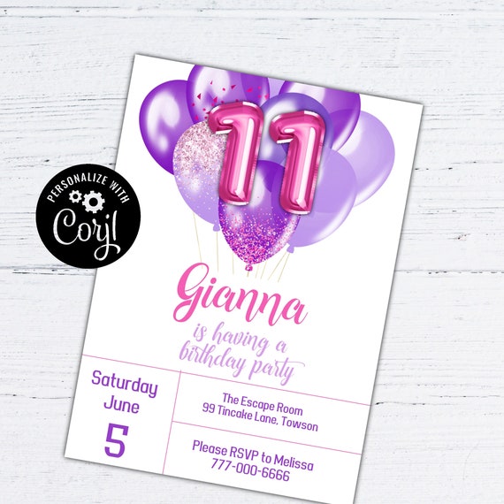 11th birthday invitation girl, 11th invite for girl, pink and purple ...