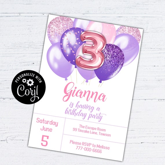 editable 3rd birthday invitation girl, printable 3rd birthday invite ...