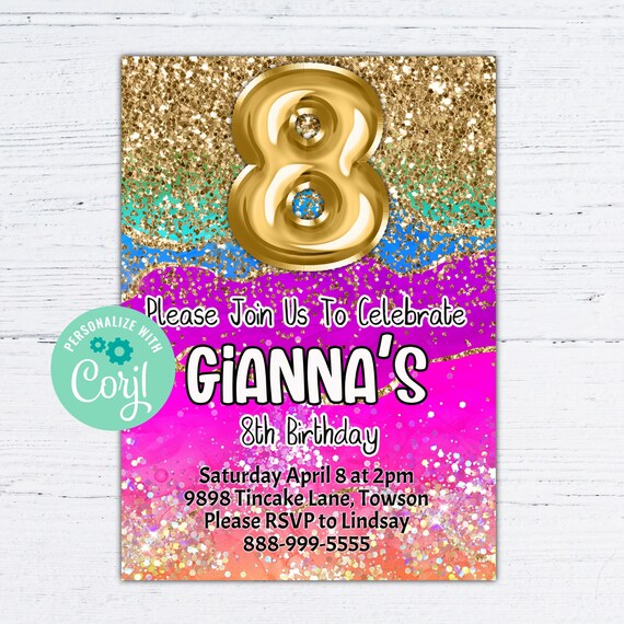 8th birthday invitation girl, 8th birthday invite for a girl, gold ...