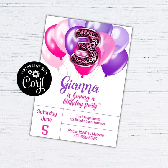 editable 3rd birthday invitation girl, printable 3rd birthday invite ...